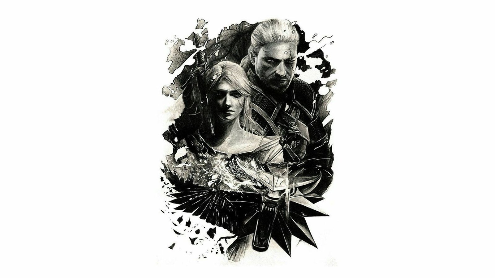 black and white flower painting Ciri Geralt of Rivia The Witcher 2k ...