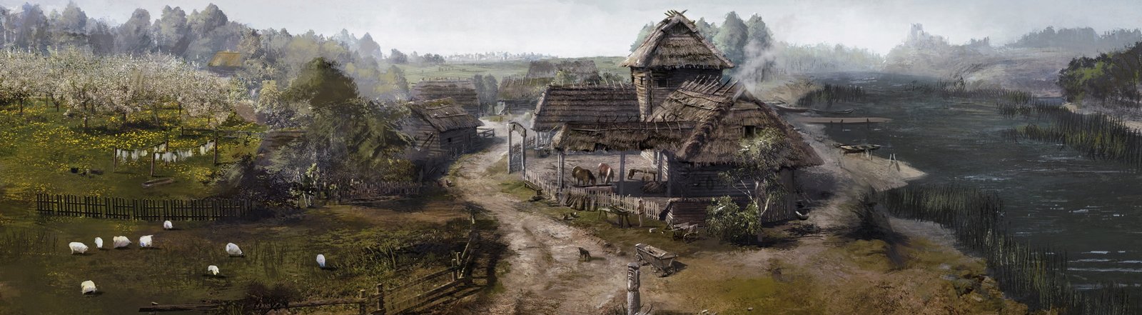 Witcher 3 Wild Hunt Concept Art wooden 2 storey house beside river ...